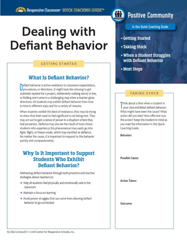 Quick Coaching Guide: Dealing with Defiant Behavior | Responsive Classroom