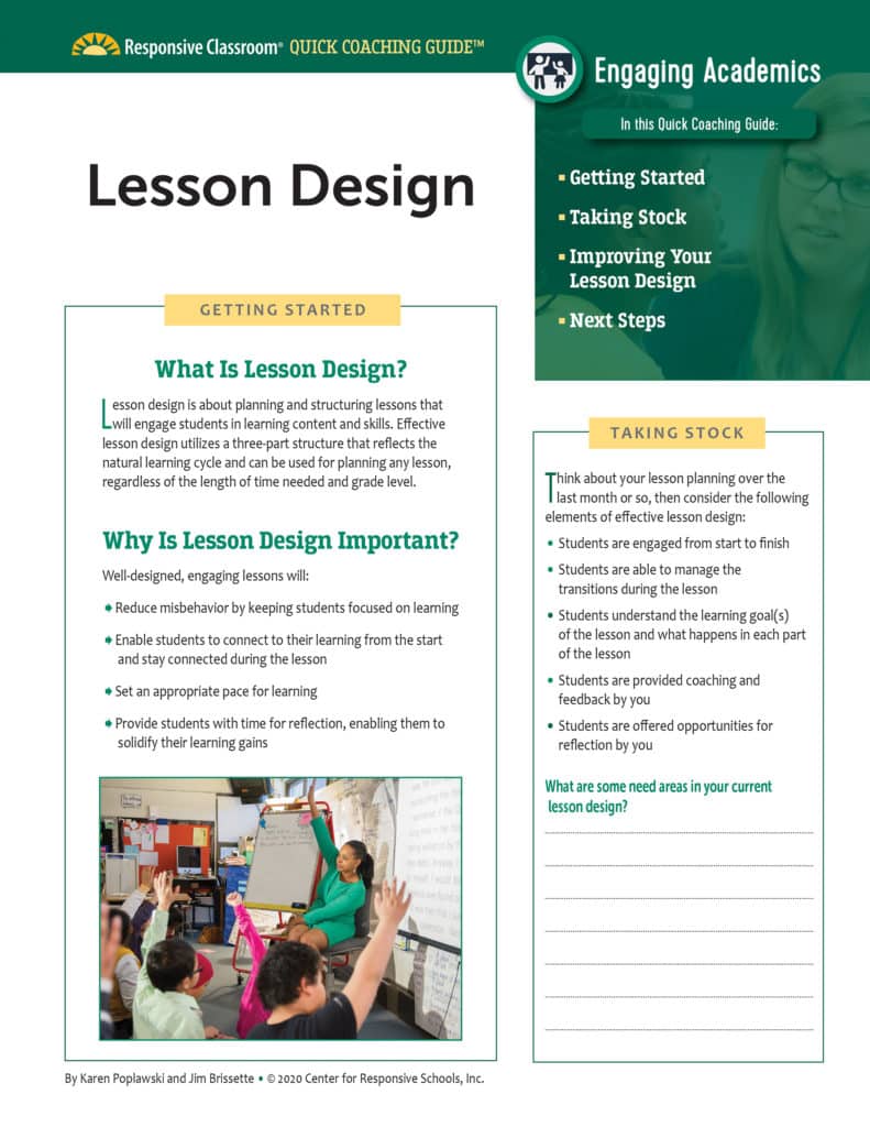 Quick Coaching Guide: Lesson Design | Responsive Classroom Quick Coaching Guide: Lesson Design | Responsive Classroom