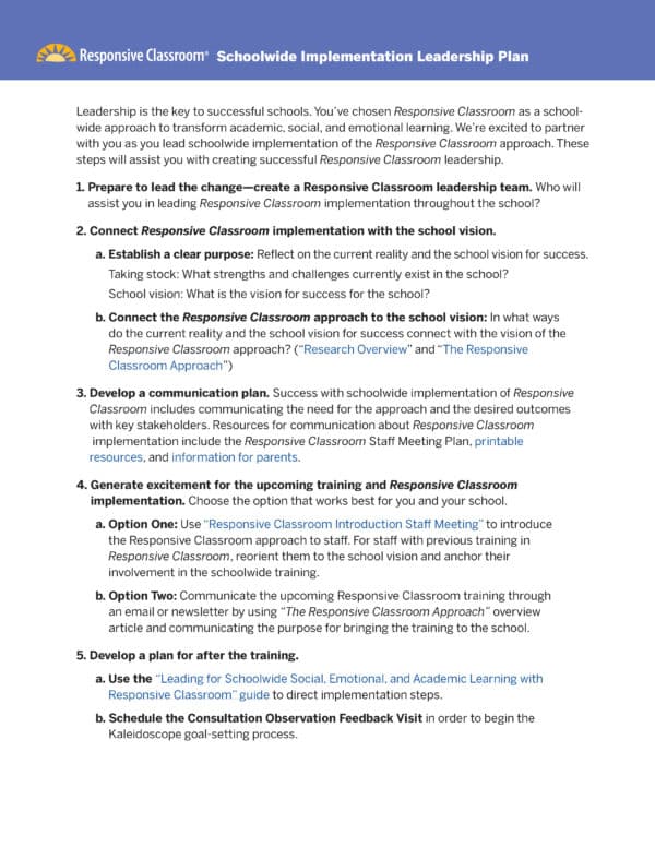 RC_Schoolwide_Implementation_Leadership_Plan | Responsive Classroom